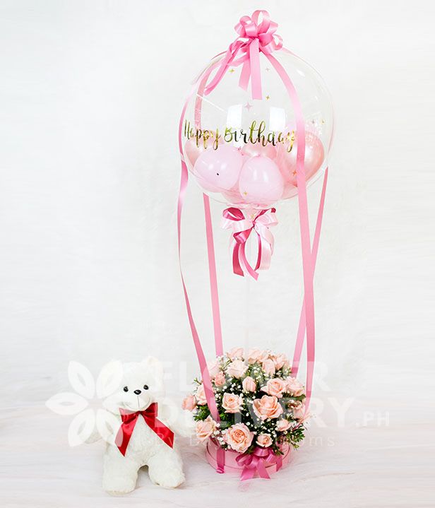 Box of Pink Roses with Bobo Balloon and Bear